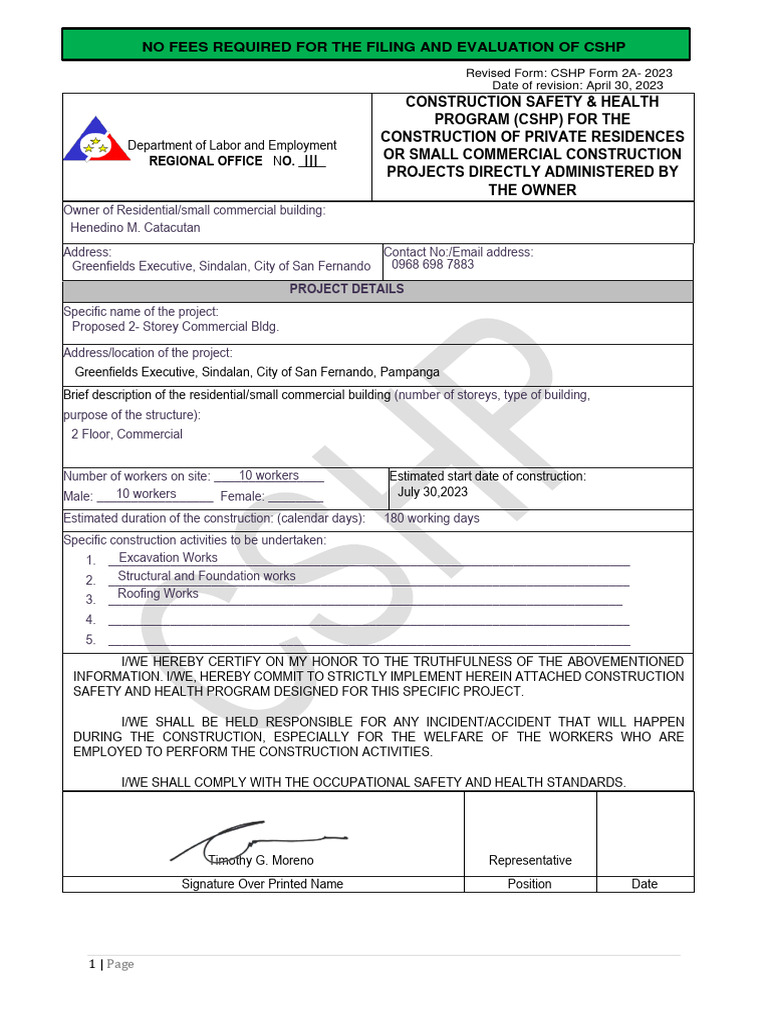 CSHP Form 2A-2023 for Small Projects | PDF | Occupational Safety And Health