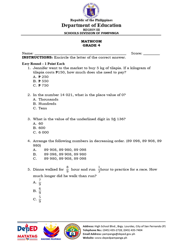 Grade 4 Math Competition Papers 2024 | PDF