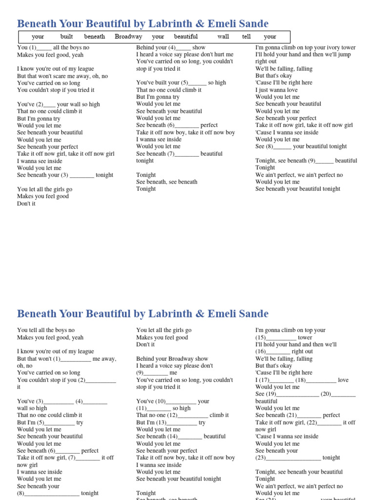 Beneath Your Beautiful Lyrics Analysis | PDF