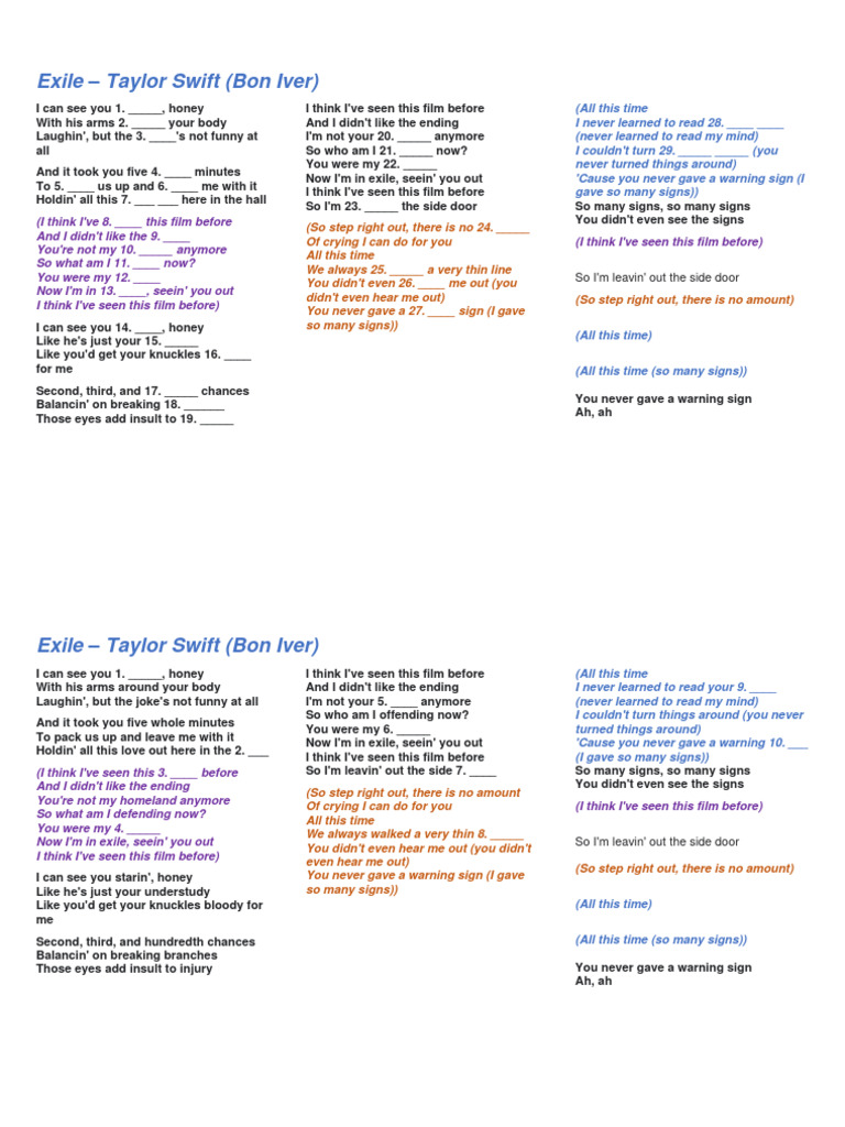 Exile - Taylor Swift (Ft. Bon Iver) | PDF