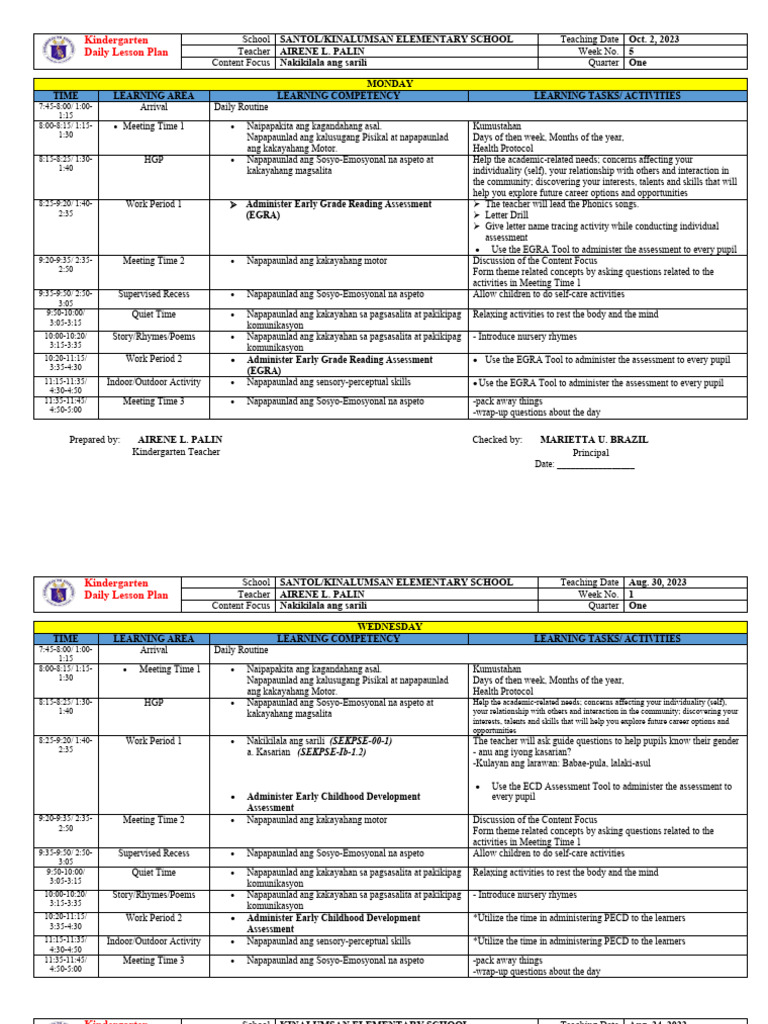 Kindergarten Daily Lesson Plan: Week 1 | PDF | Teachers | Lesson Plan