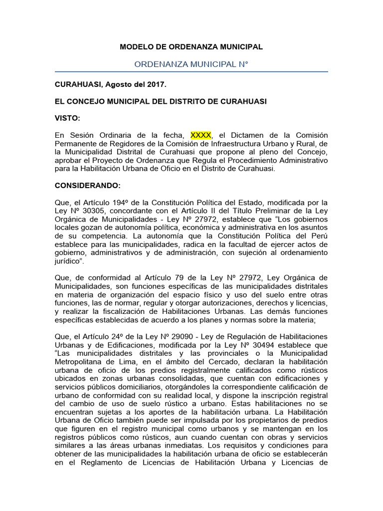 Modelo de Ordenanza Municipal | PDF | Gobierno local | Gobierno