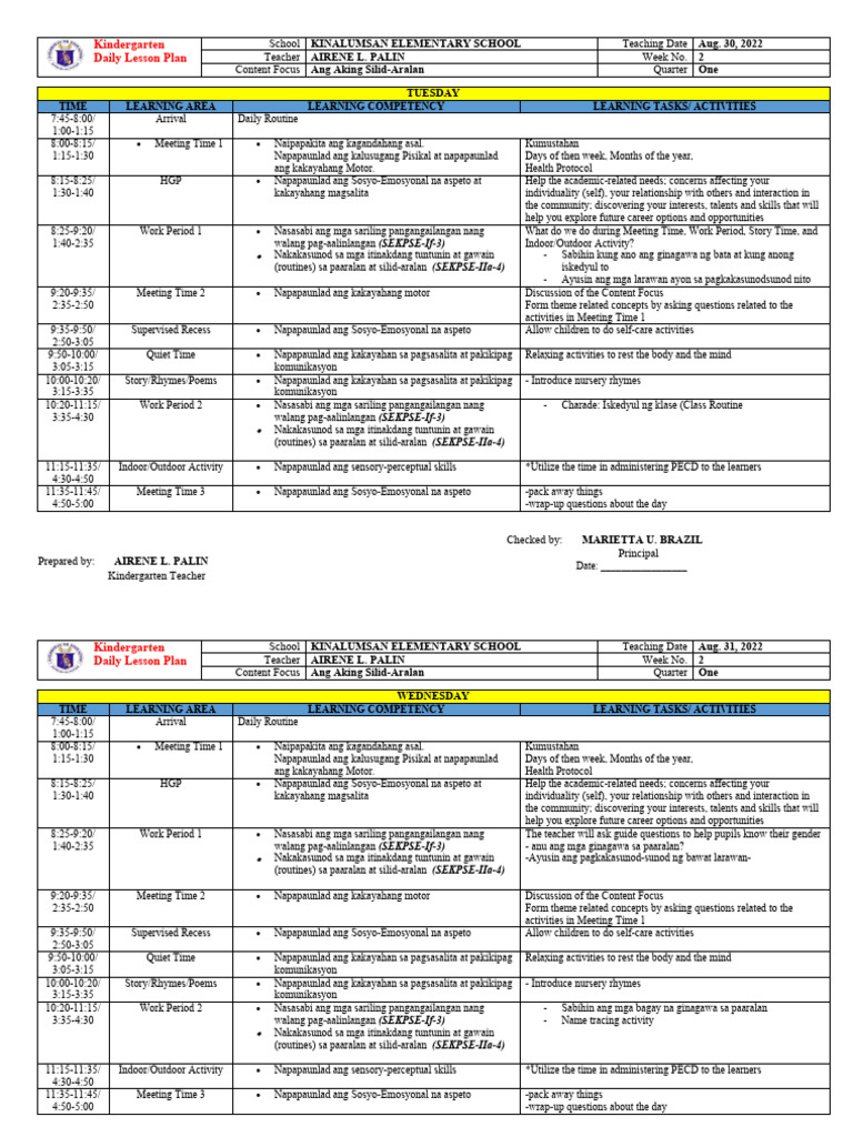 Kindergarten Lesson Plan: Week 2 | PDF | Teachers | Lesson Plan