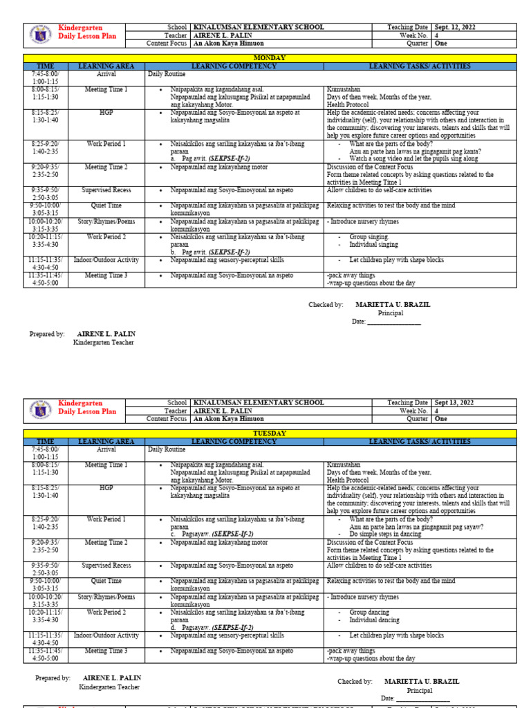 Kindergarten Daily Lesson Plan Week 4 | PDF | Teachers | Lesson Plan