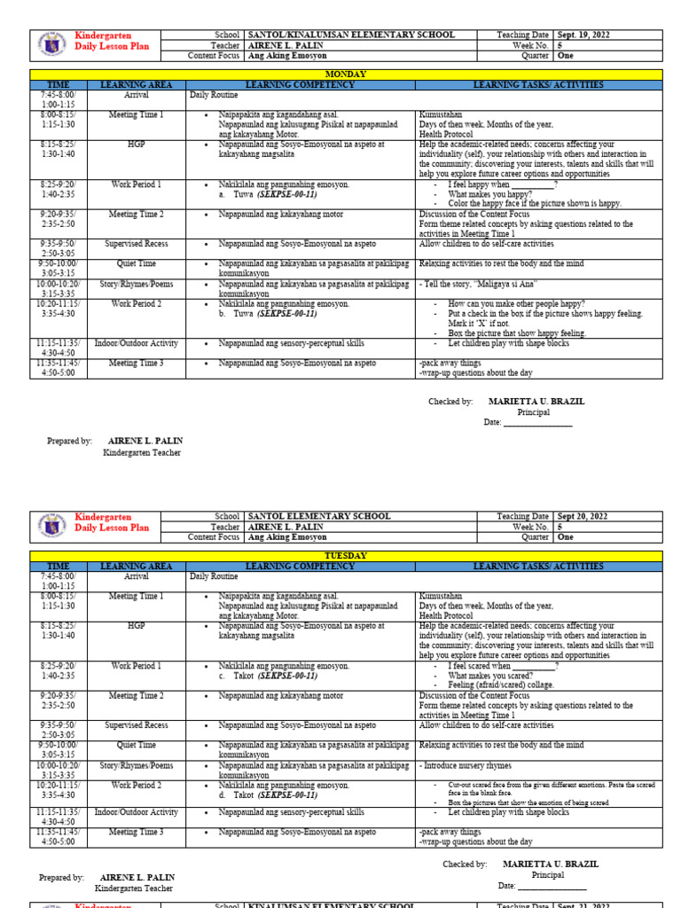 Kindergarten Week 5 Lesson Plan | PDF | Teachers | Lesson Plan