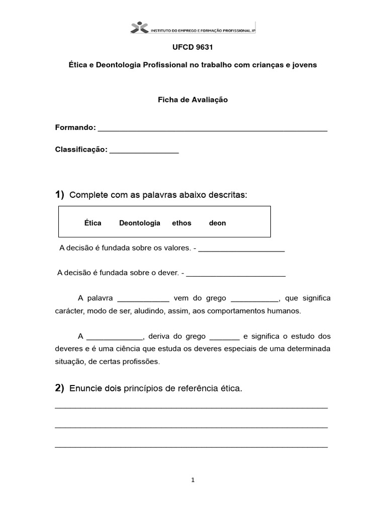 Ficha Avaliação Ufcd 9631 | PDF