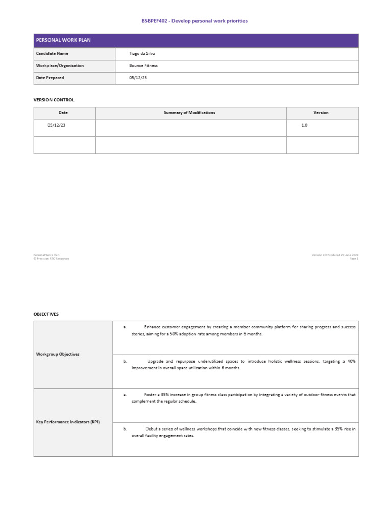 BSBPEF402 - Personal Work Plan Updated - Austrasia - Tiago Da Silva ...