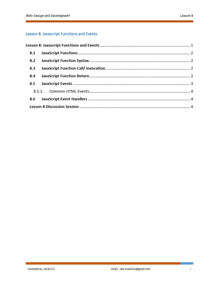 Lesson 8 Javascript - Functions and Events | PDF | Java Script | Parameter (Computer Programming)