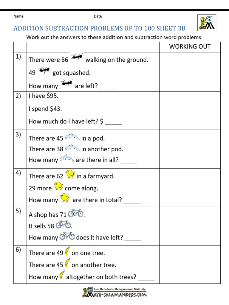 Addition Subtraction Word Problems Up To 100 3b | PDF