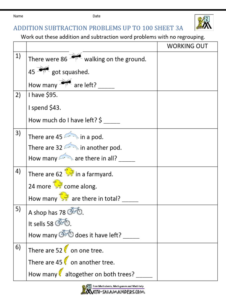 Addition Subtraction Word Problems Up to 100 3a | PDF