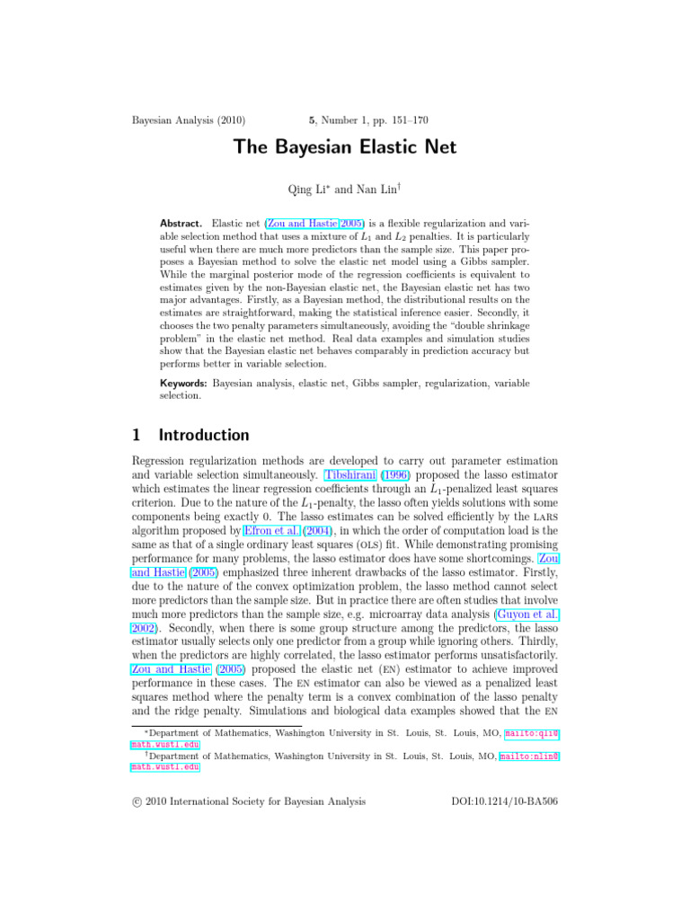 The Bayesian Elastic Net | PDF | Linear Regression | Bayesian Inference