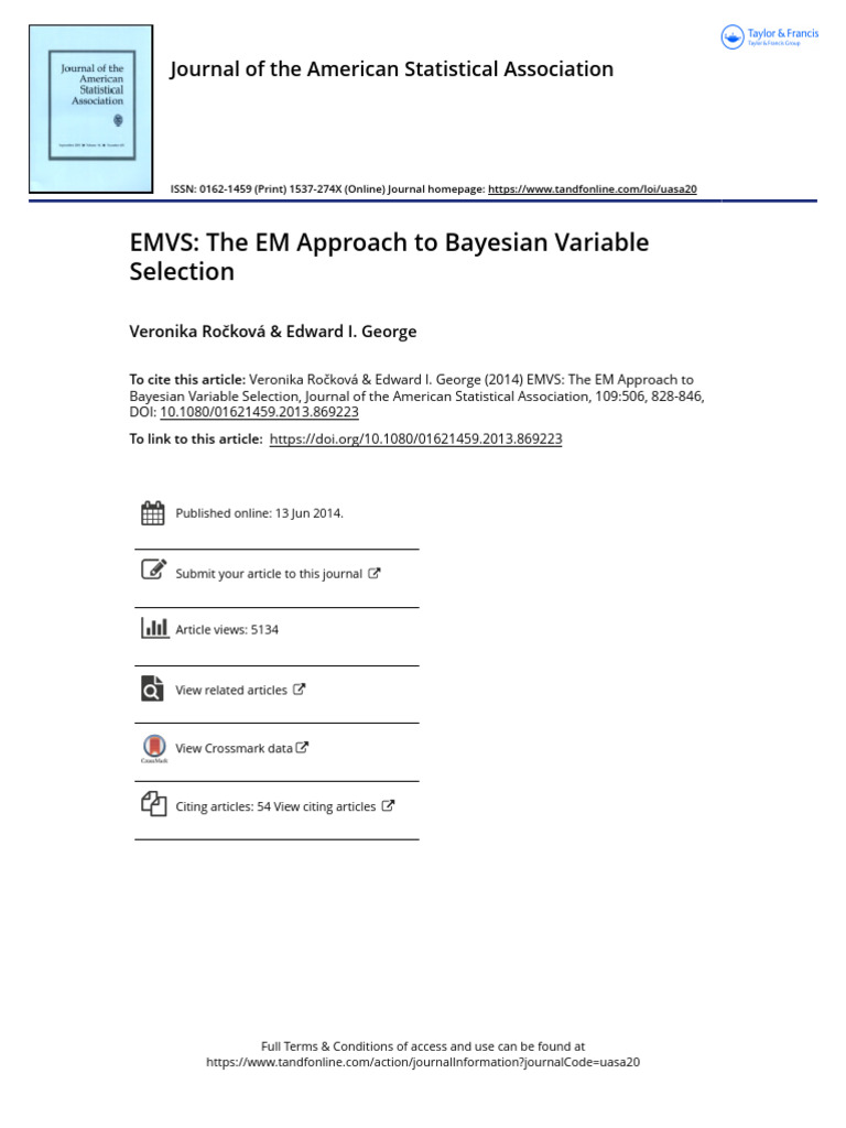 EMVS The EM Approach To Bayesian Variable Selection | PDF | Linear Regression | Probability