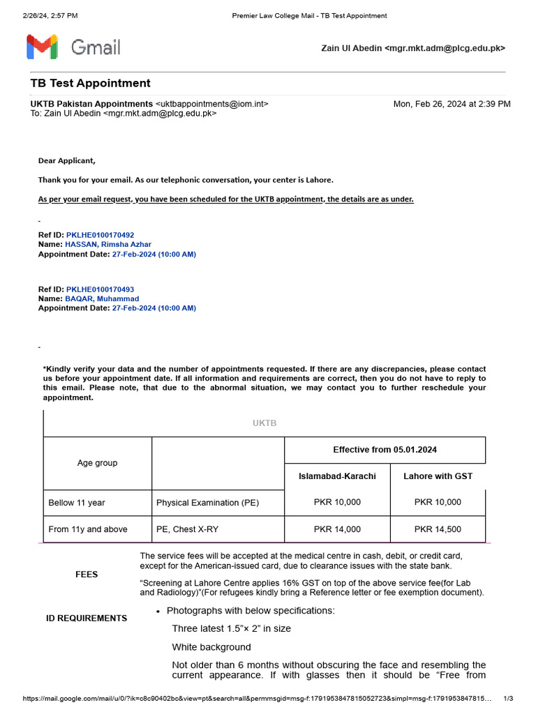 Hassan Rimsha - TB Test Appointment | PDF | Tuberculosis