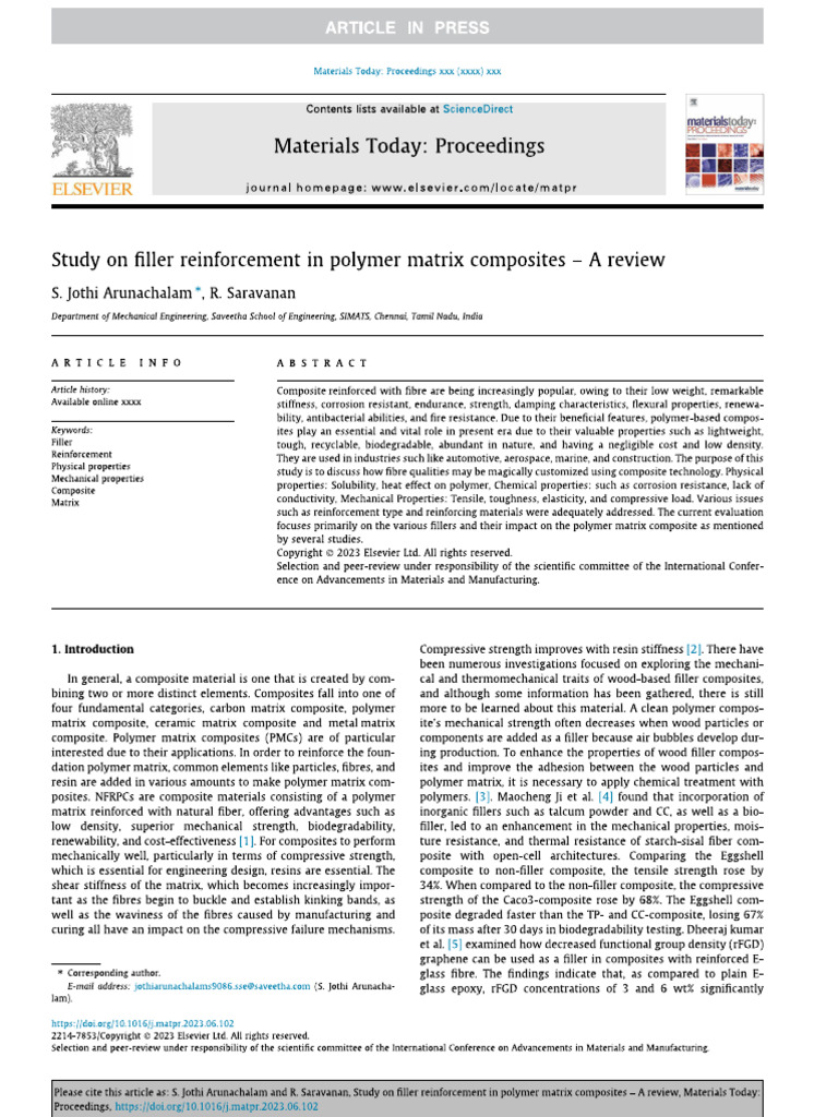 Study On Filler Reinforcement in Polymer Matrix Composites " A Review | PDF