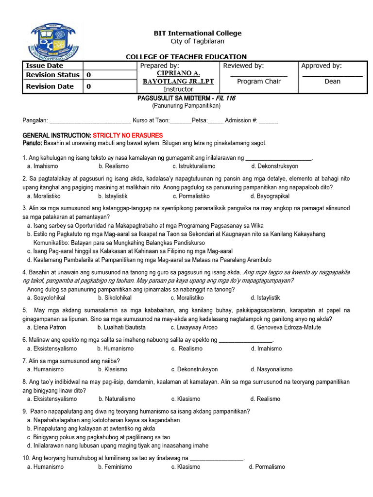 Midterm Exam-Fil 116 | PDF