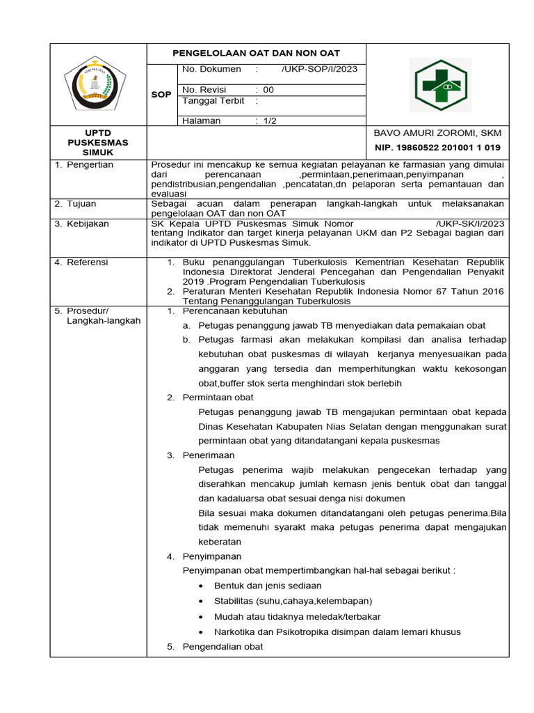 Bab 4.4 Elemen D2. SOP PENGELOLAAN OAT DAN NON OAT | PDF | Pengembangan Diri