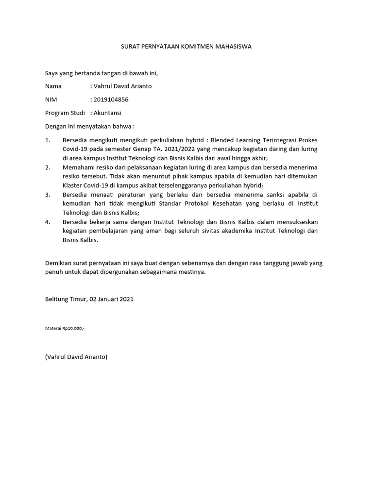 Komitmen Kuliah Hybrid Kalbis | PDF | Pengelolaan Keuangan & Uang