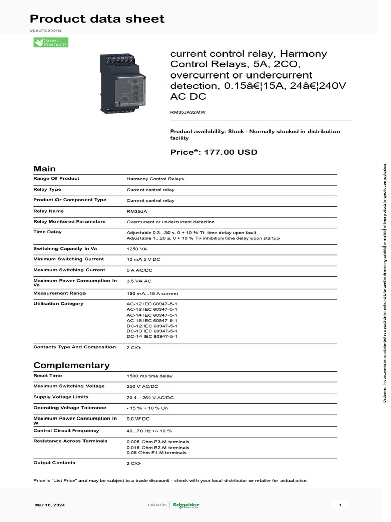SchneiderElectric Harmony-Control RM35JA32MW | PDF | Relay | Mains ...