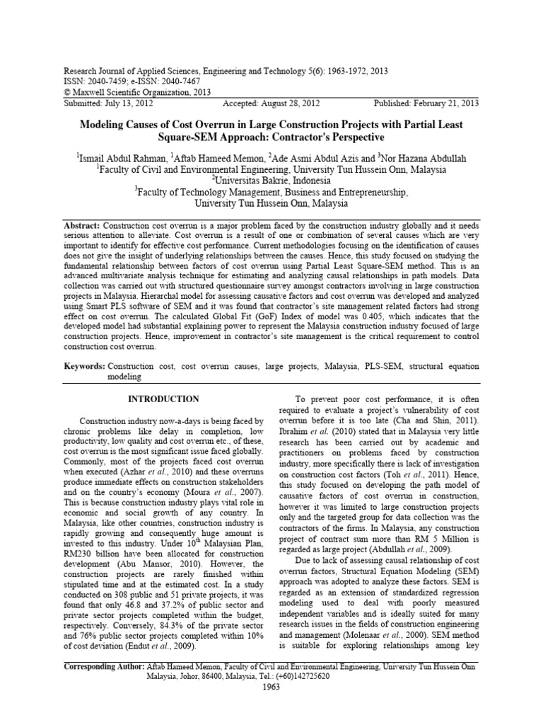 4 Modeling Causes Of Cost Overrun In Large Construction Projects Pdf Validity Statistics
