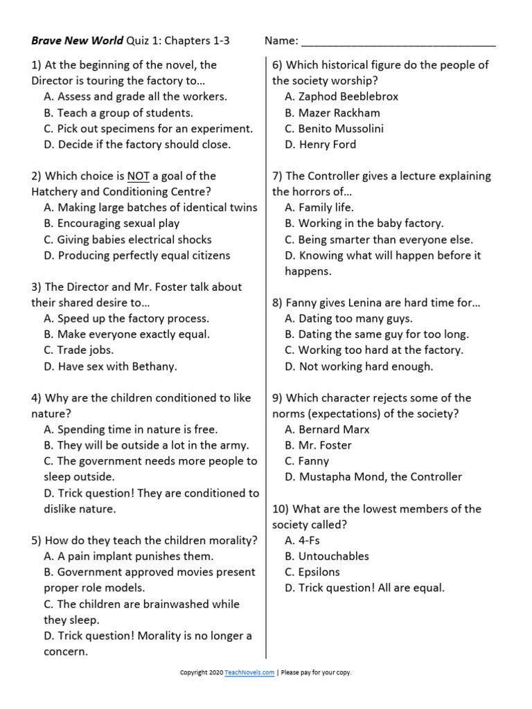 Brave New World Quizzes PRINT VIEW | PDF