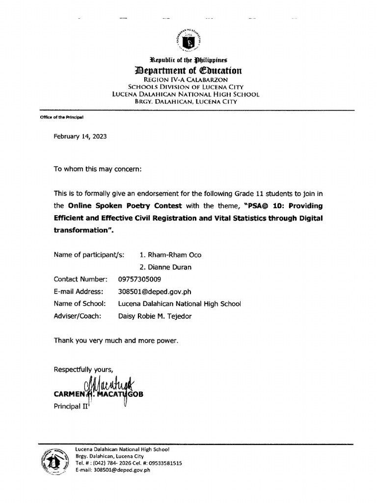 Endorsement Letter For Spoken Word Poetry | PDF
