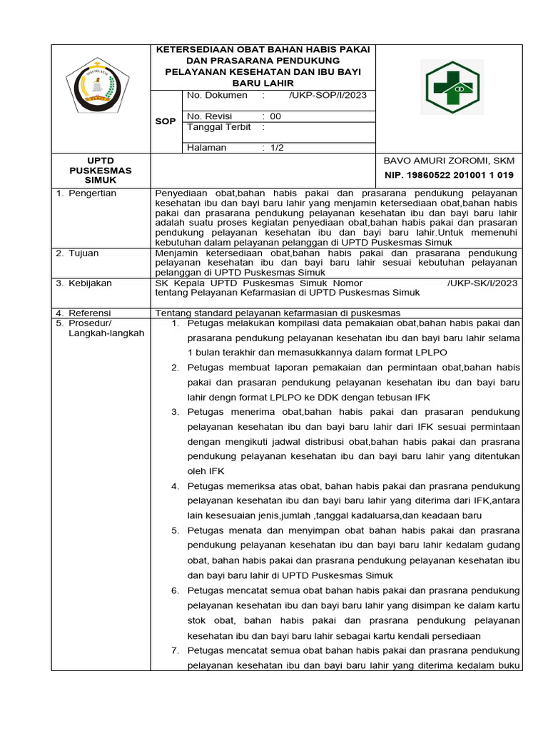 Bab 4.2 Elemen C.1 SOP Ketersediaan Obat Bahan Habis Pakai Dan Prasarana Pendukung | PDF