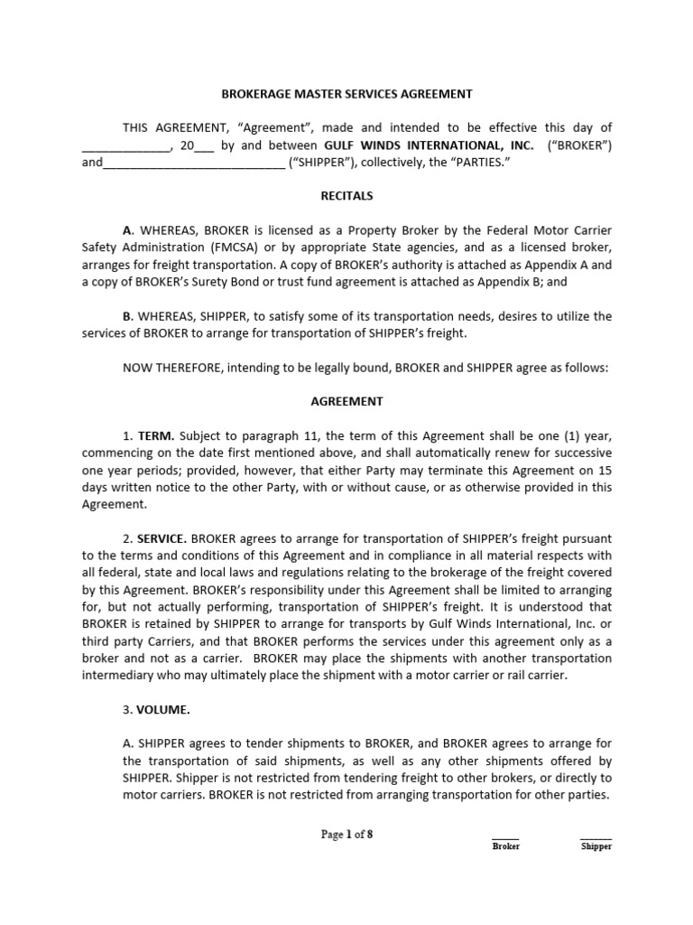 Brokerage Master Services Agreement GWI 2021 | Download Free PDF ...
