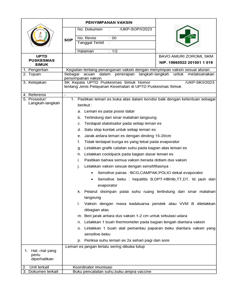 Bab 4.3 Elemen D1. SOP PENYIMPANAN VAKSIN | PDF