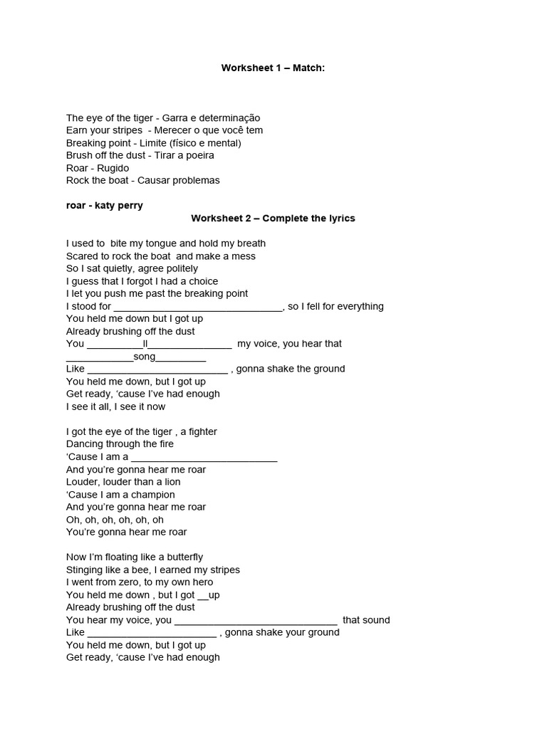Katy Perry "Roar" Lyric Worksheet | PDF | Home & Garden