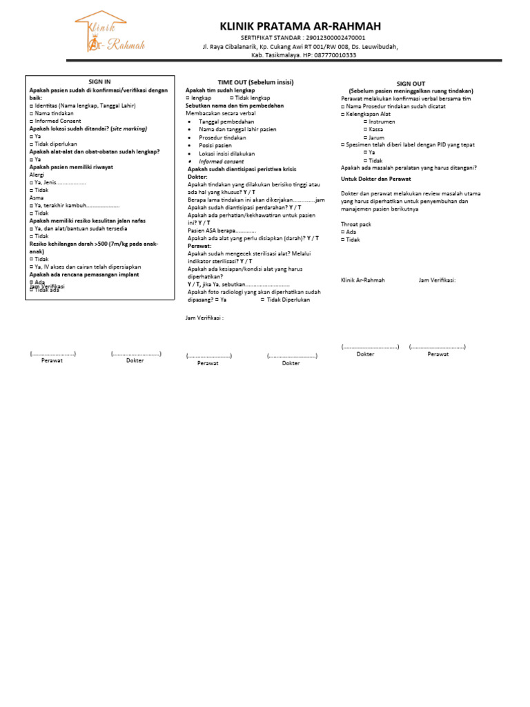 Form Surgical Safety Checklist | PDF