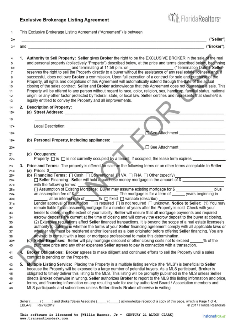 Exclusive Brokerage Listing Agreement Draft | PDF | Mortgages | Sales