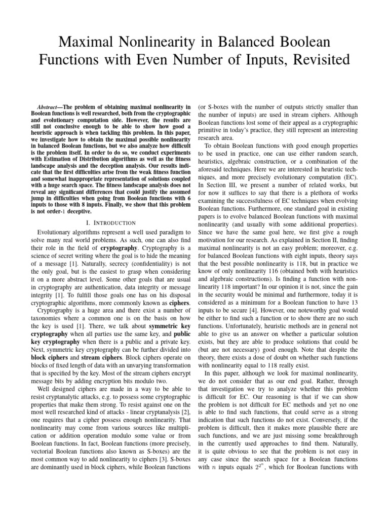 Maximal Nonlinearity In Balanced Boolean Pdf Cryptography Key Cryptography