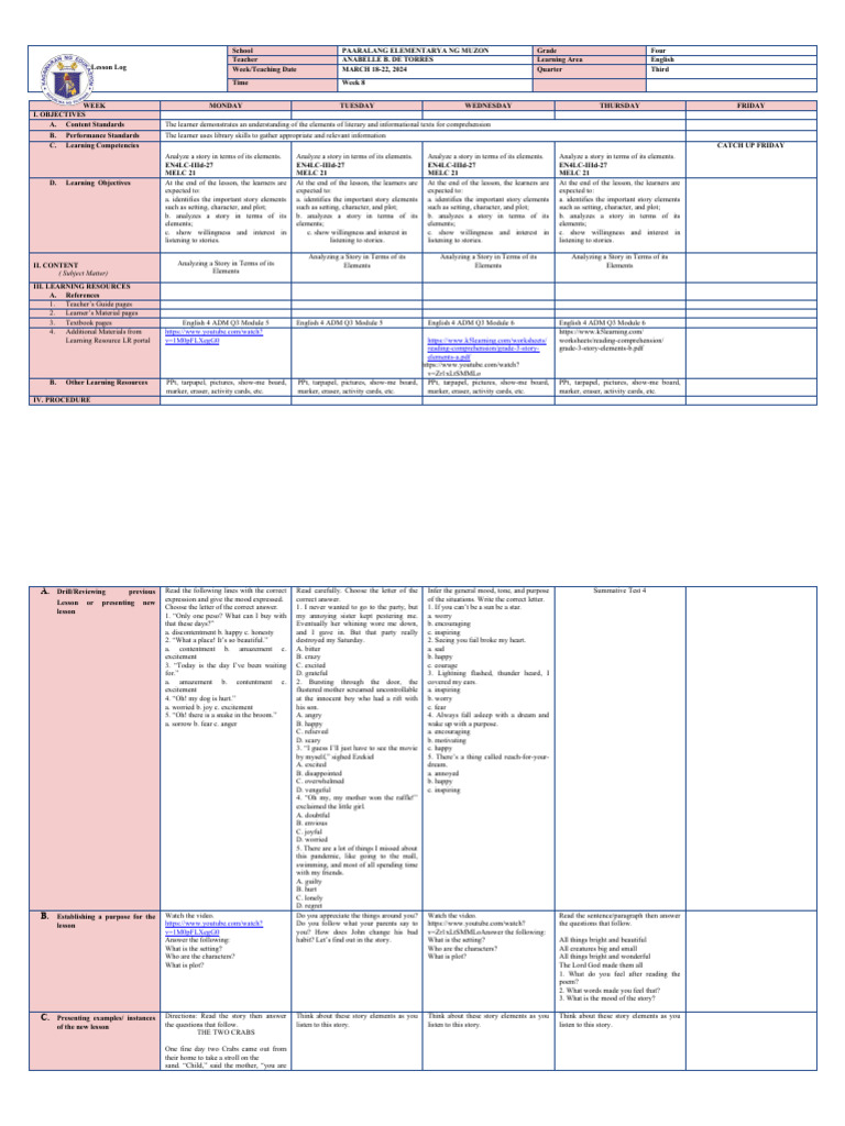 English 4 Q3 Week 8 DLL | PDF | Reading Comprehension | Learning