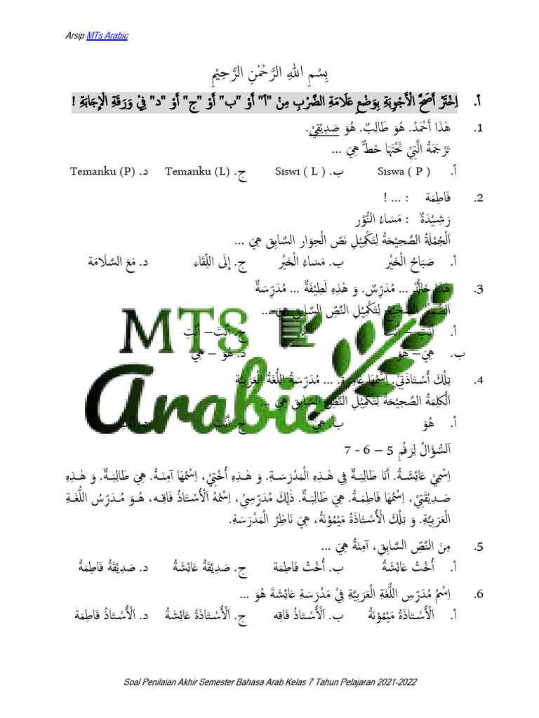 Soal Penilaian Akhir Semester Bahasa Arab MTs Kelas 7 TP 2021-2022 - MTs Arabic | PDF