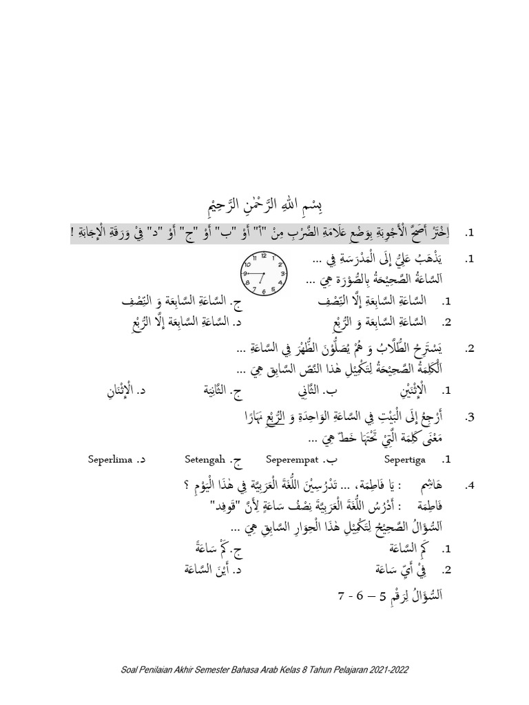 Soal Penilaian Akhir Semester Bahasa Arab MTs Kelas 8 TP 2021-2022 - MTs Arabic | PDF