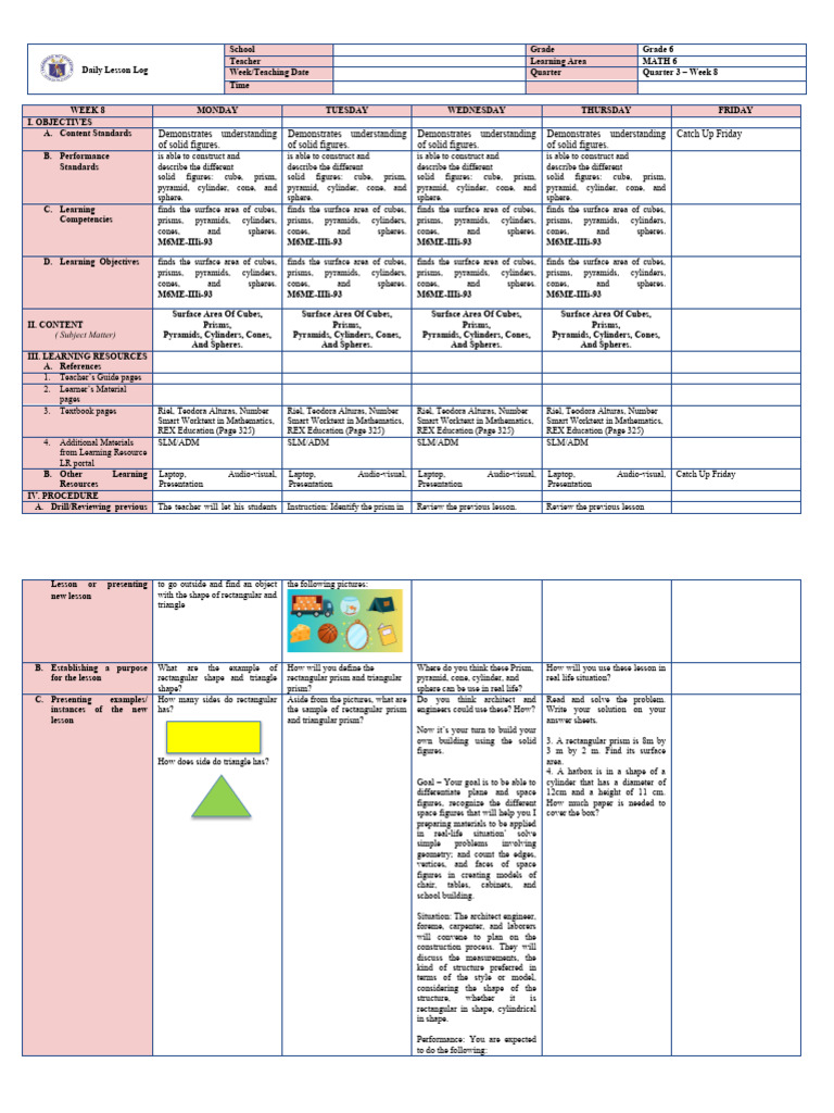 DLL Math Q3 W8 | PDF | Shape | Area