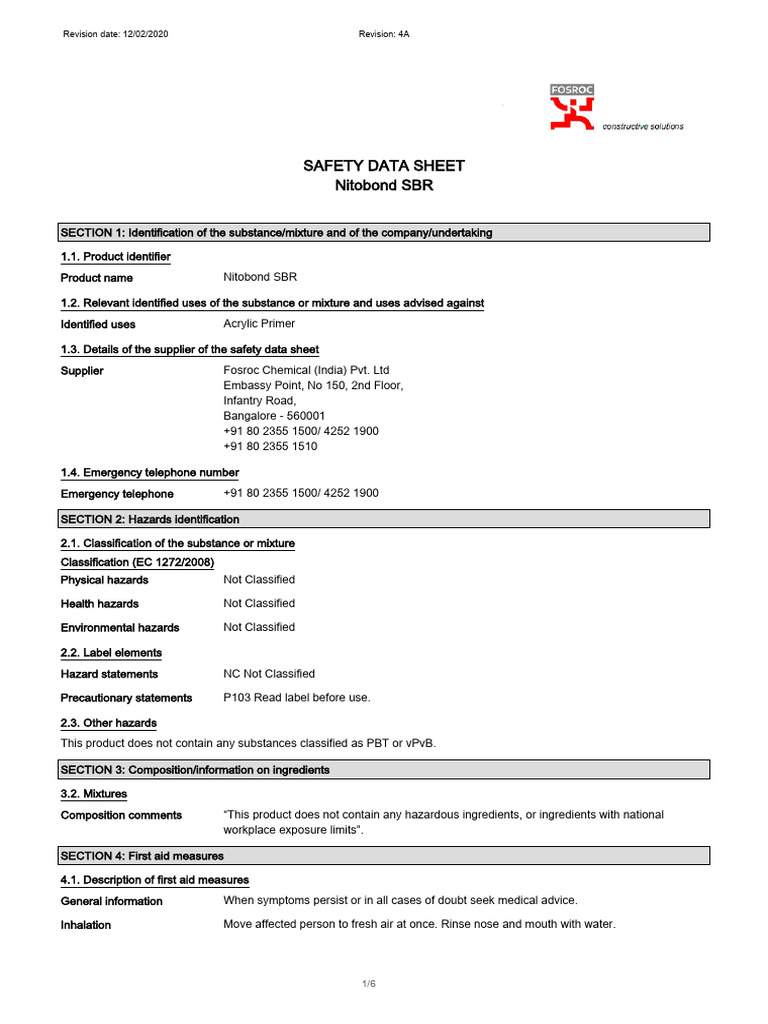 MSDS Nitobond SBR India | PDF | Dangerous Goods | Occupational Safety And Health
