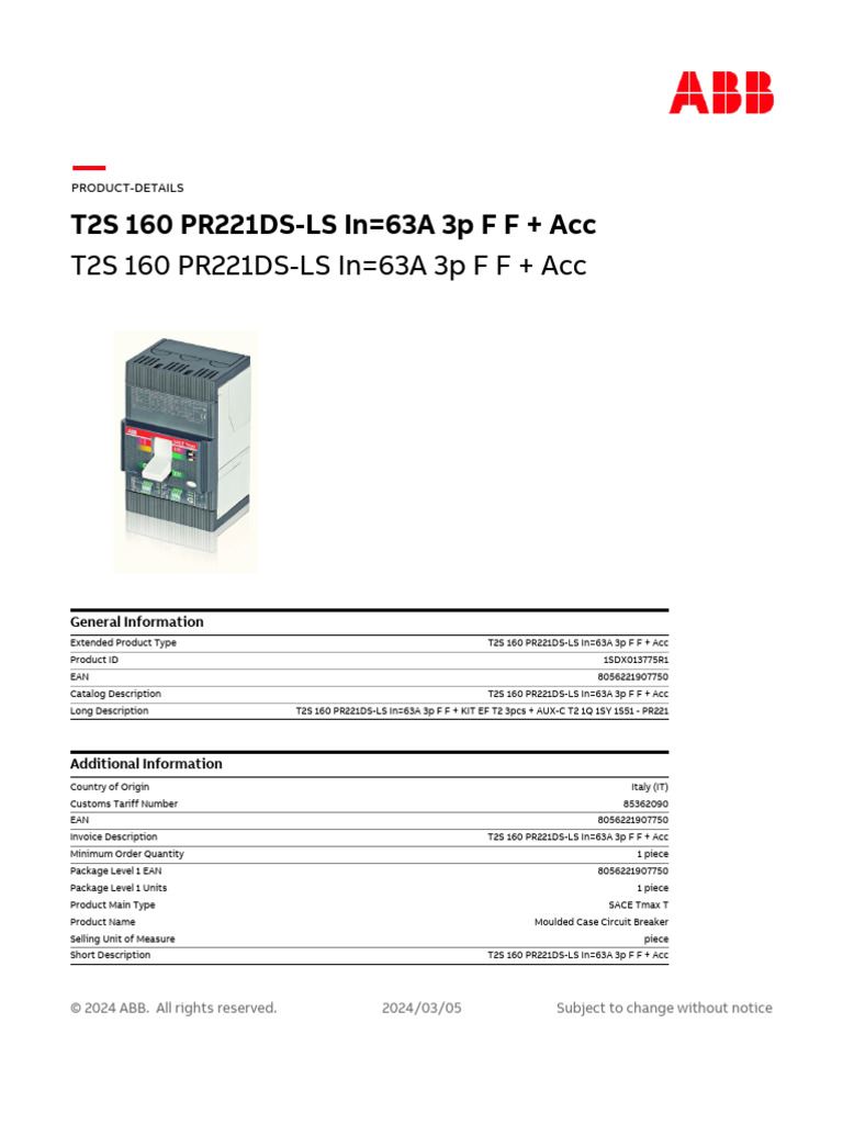 1SDX013775R1 t2s 160 pr221ds Ls in 63a 3p F F Acc | PDF