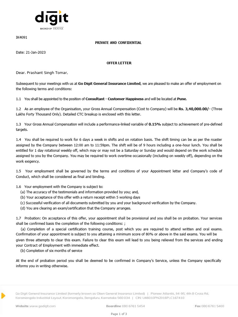 Digit Offer Latter | PDF | Employment | Business