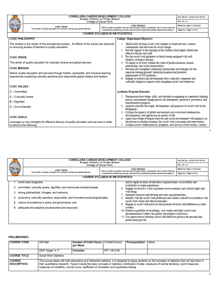 Statistics For Social Work Syllabus 2nd Sem 2024 | PDF | Statistics ... Statistics For Social Work Syllabus 2nd Sem 2024 | PDF | Statistics ...