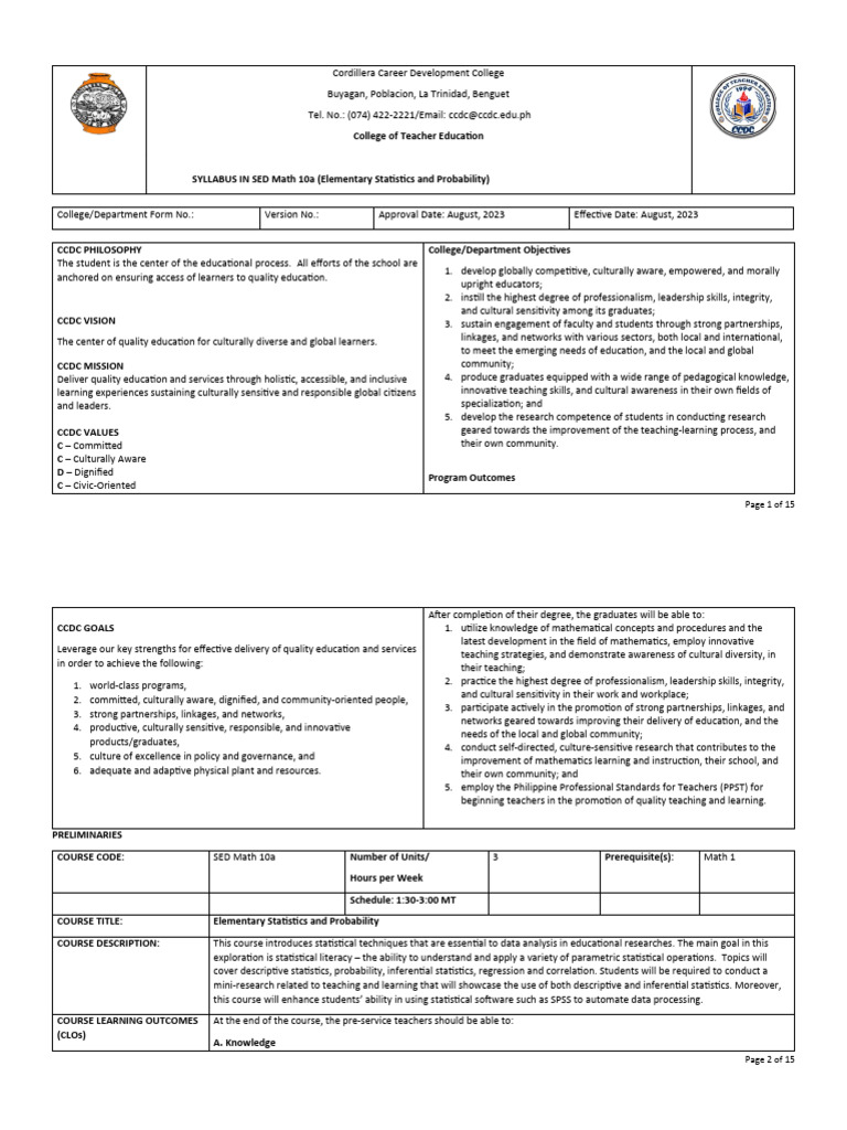 Syllabus-SED MATH 10a (Elem Stat and Prob-2023-2024 | PDF | Probability ...