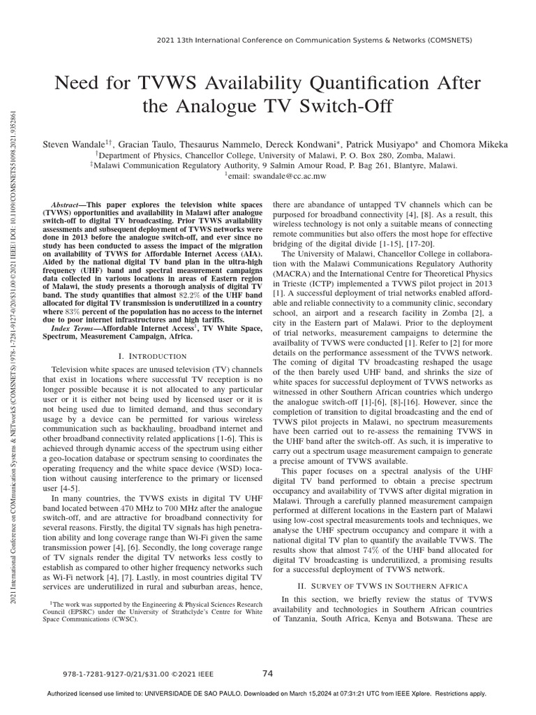 020 Need - For - TVWS - Availability - Quantification - After - The - Analogue - TV - Switch-Off ...