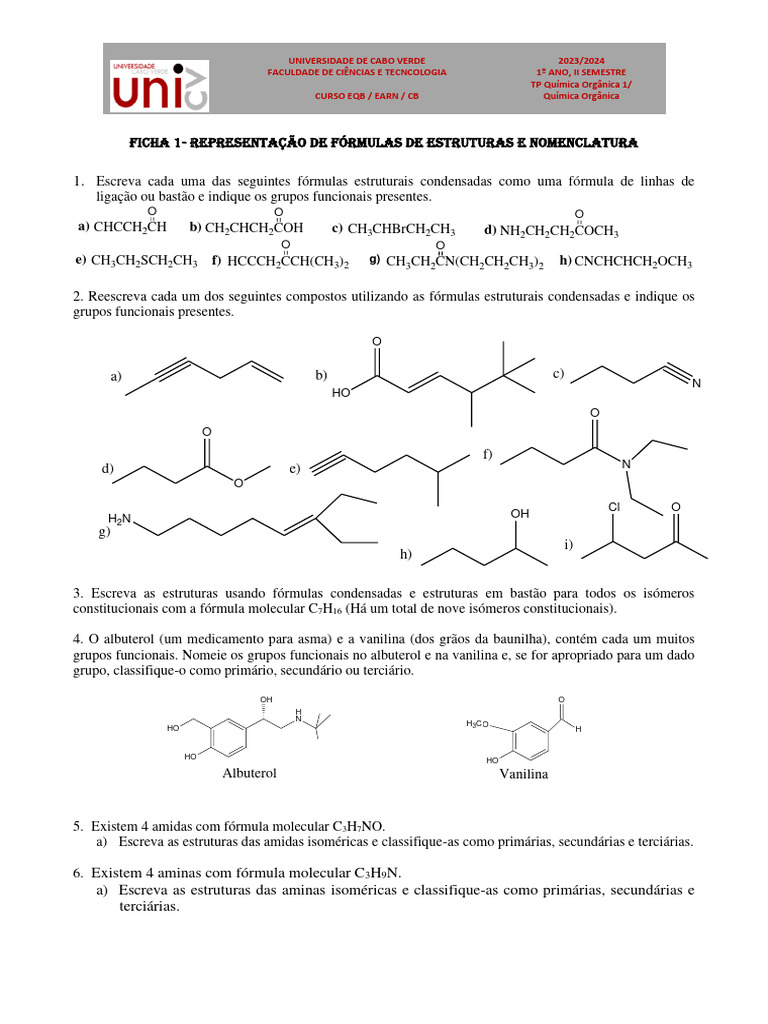 FICHA 1 - Fórmulas de Est. e Nomenclatura | PDF | Química | Química ...