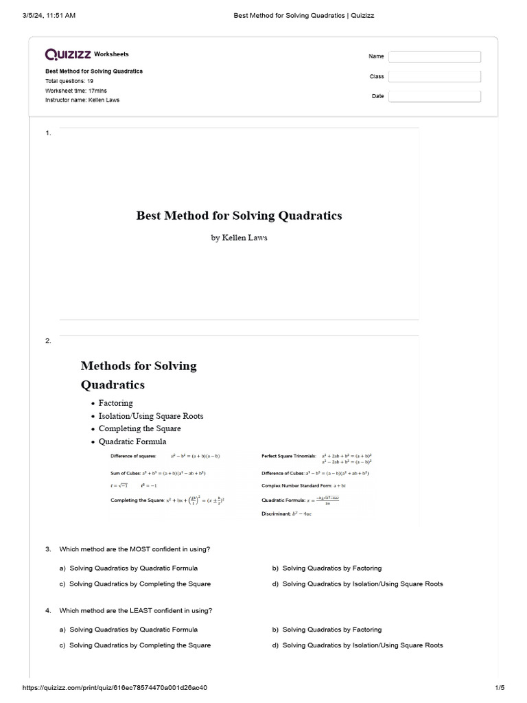Best Method For Solving Quadratics - Quizizz | PDF | Quadratic Equation ...