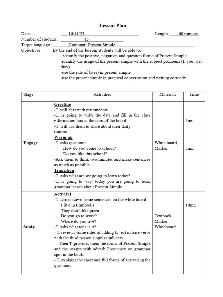 Lesson Plan - Present Simple | PDF | Subject (Grammar) | Linguistics