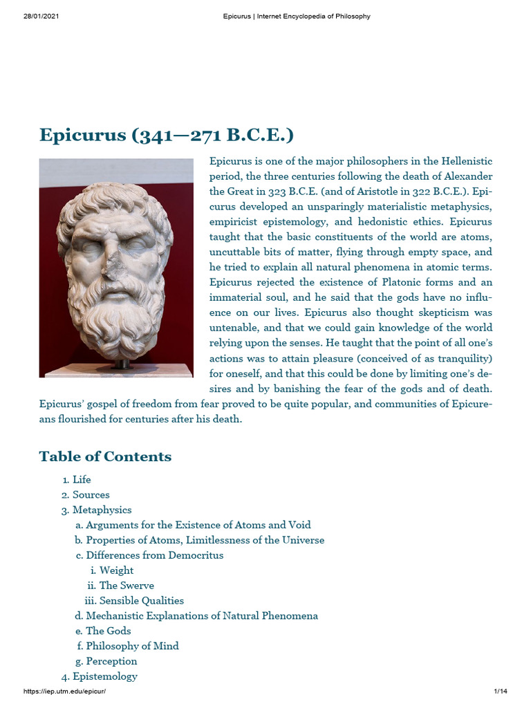 Epicurus - Internet Encyclopedia of Philosophy | Download Free PDF | Hedonism | Pleasure