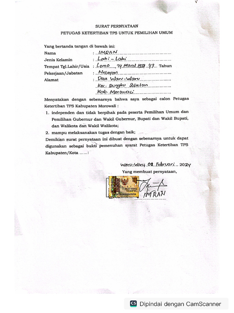 Surat Pernyataan Desa Waru-Waru | PDF