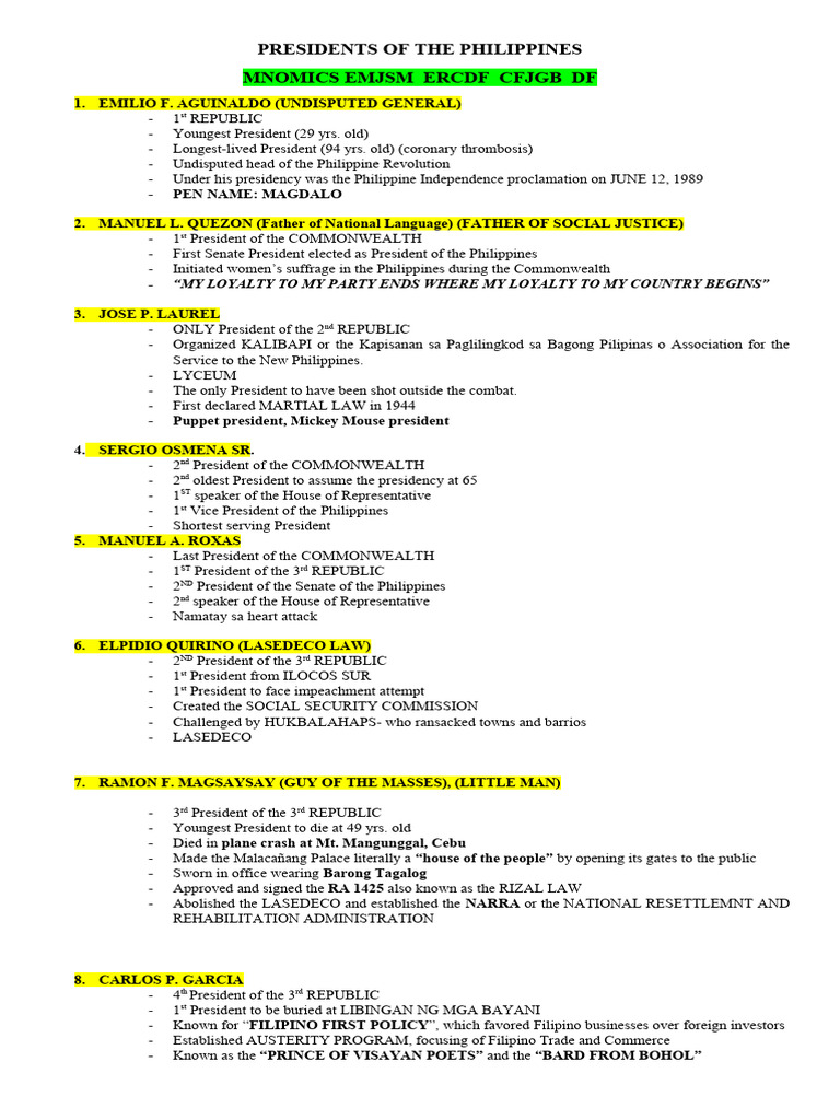 Overview Of Philippine Presidents Pdf President Of The Philippines