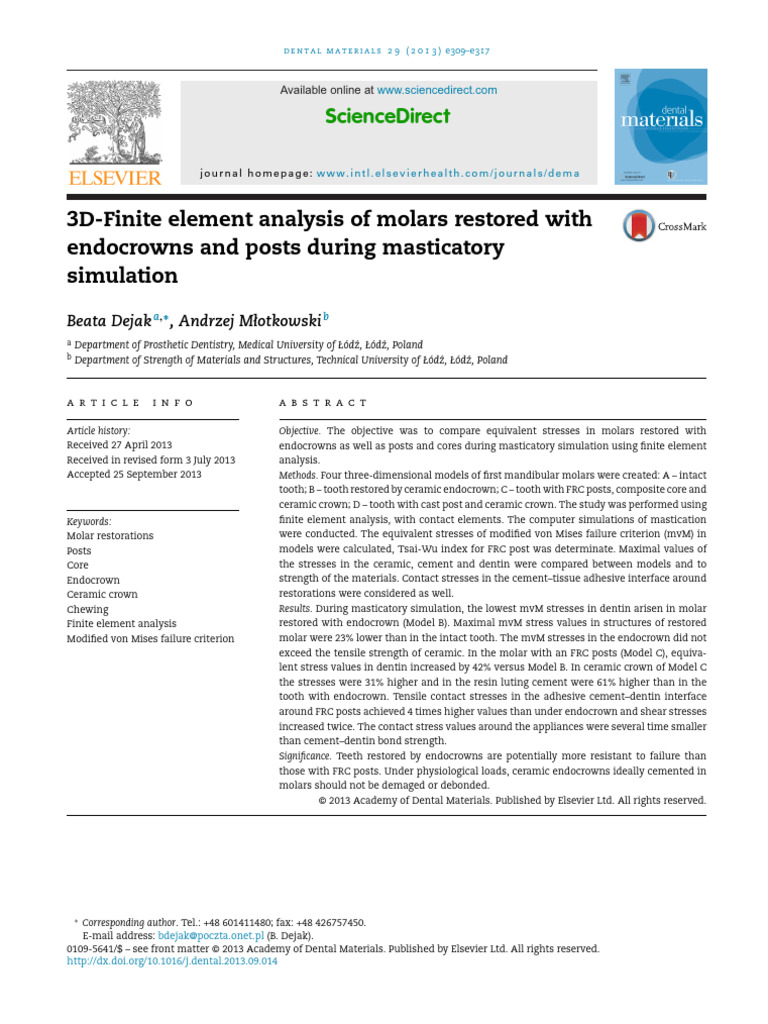 3d Finite Element Analysis Of Molars Restored With Download Free Pdf Human Tooth Strength