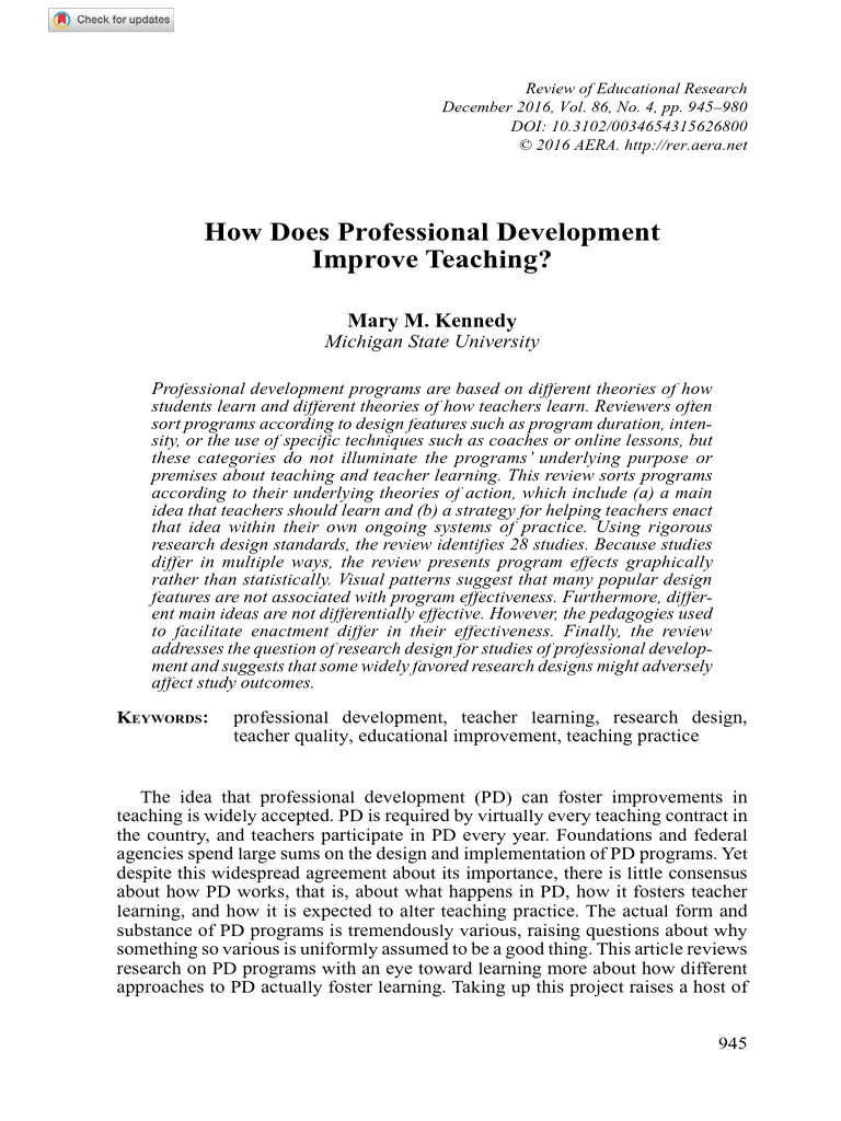 Kennedy 2016 How Does Professional Development Improve Teaching | PDF | Effect Size | Teachers